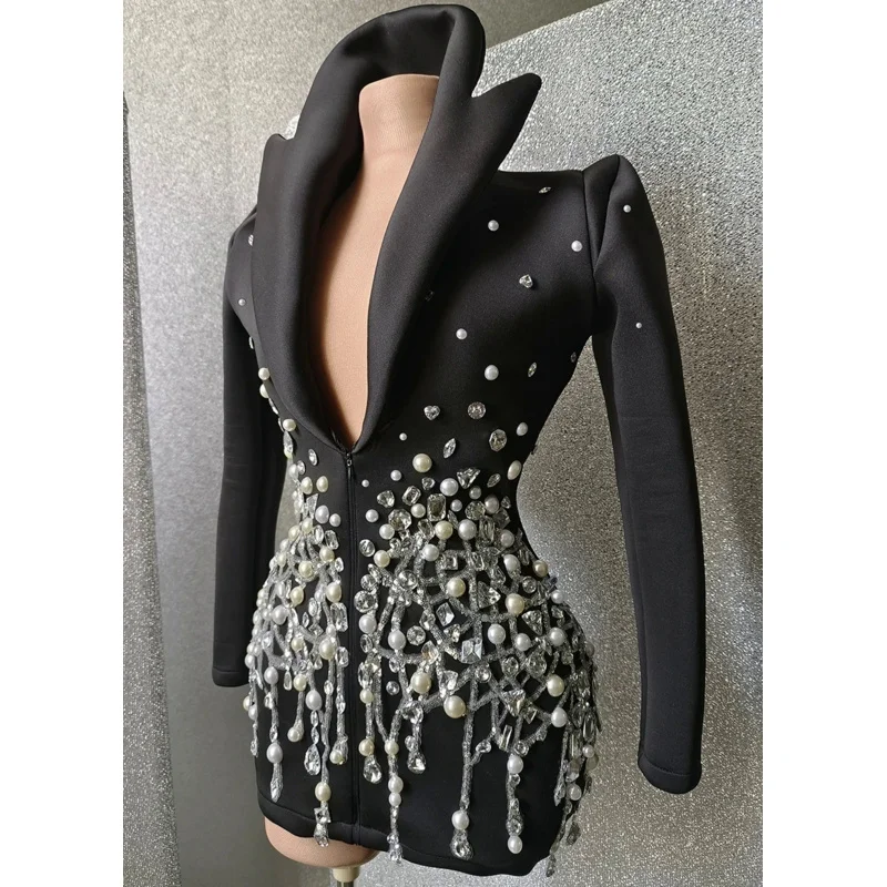Luxury Party Show Pearls Rhinestones Jacket Sexy Stage Wear DJ Singer ...