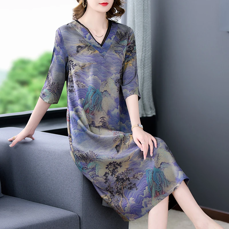 Women-Print-Natural-Silk-V-Neck-Midi-Dress-Summer-Elegant-Loose-Waist ...