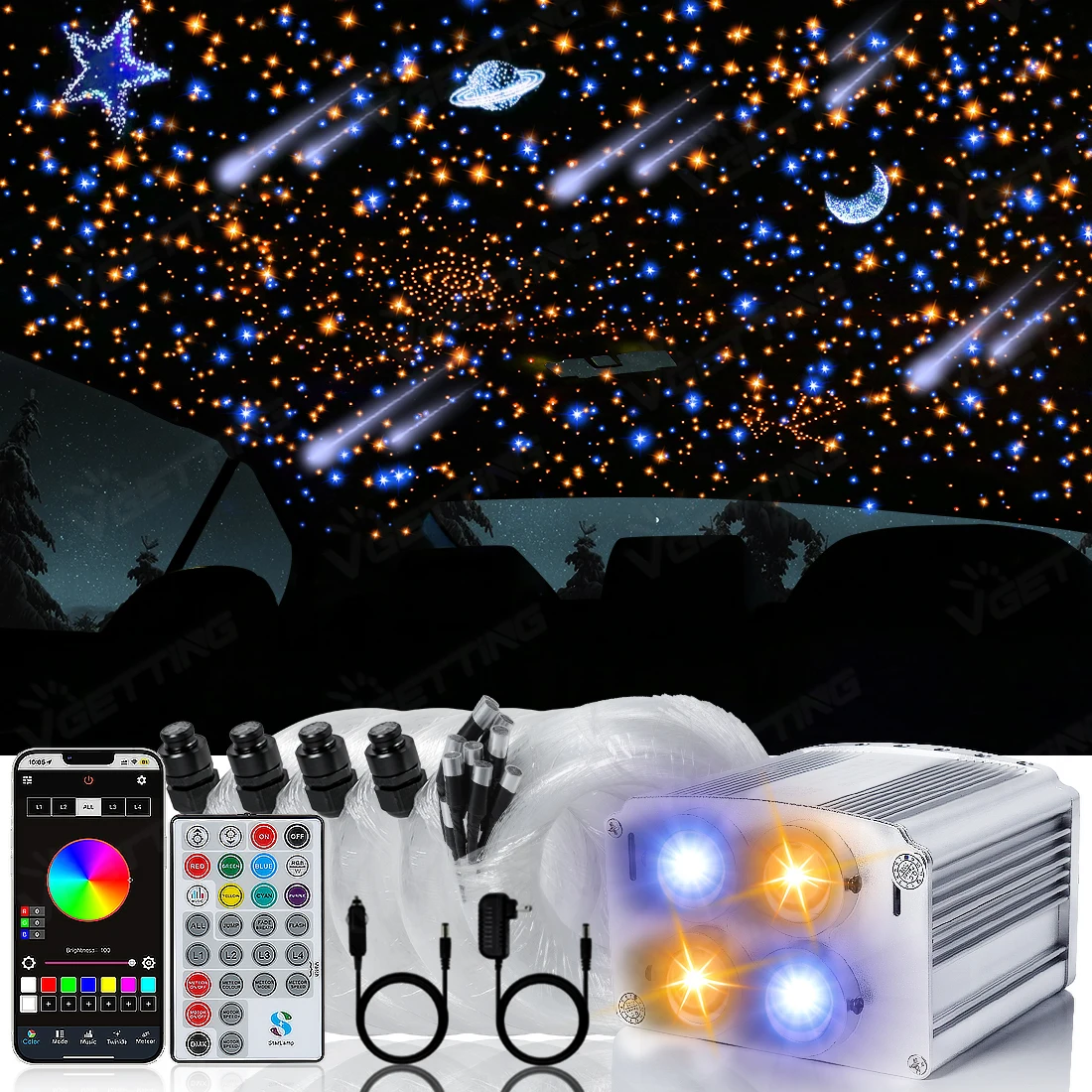 4Port 32W 2-in-1 RGBW Twinkle Starlight Headliner Kit Meteor Fiber ...