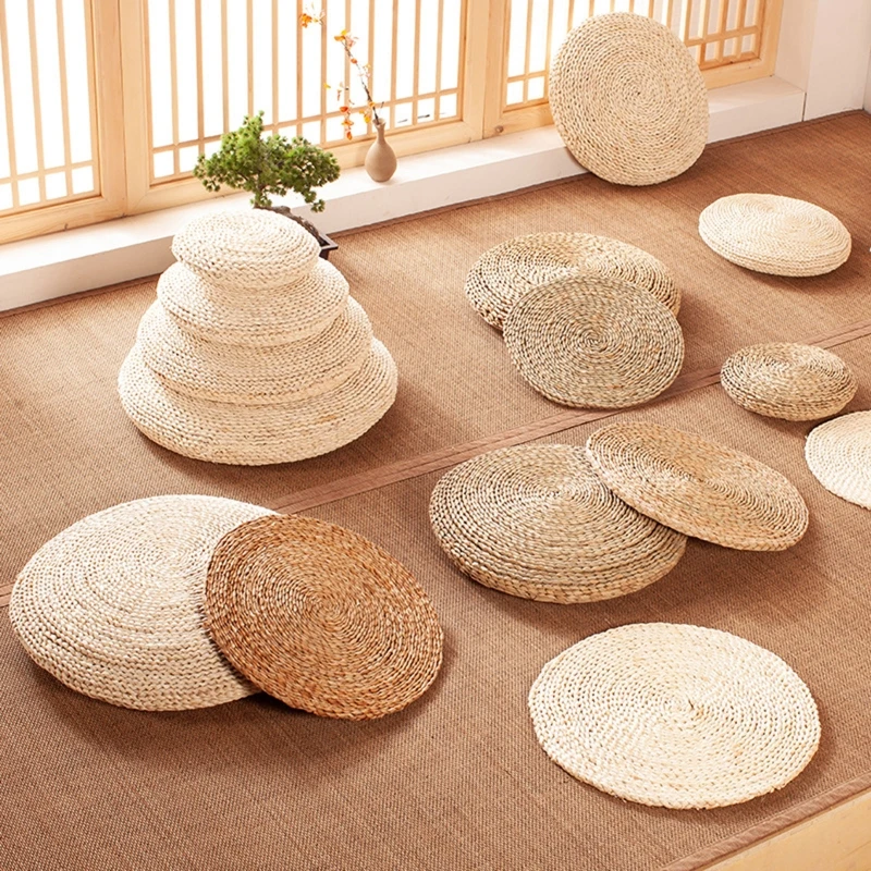 Woven-Rattan-Straw-Thin-Round-Tatami-Pouf-Floor-Pillow-Sitting-Cushion ...