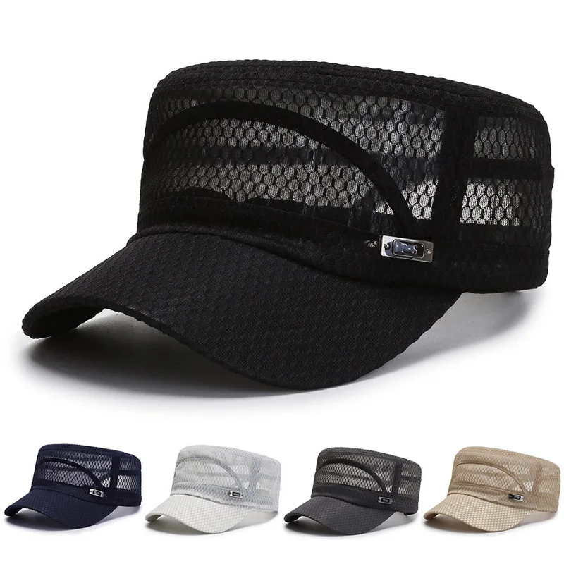 Summer Men's Summer Hat Mesh Military Caps Flat Top Snapback Adjustable ...