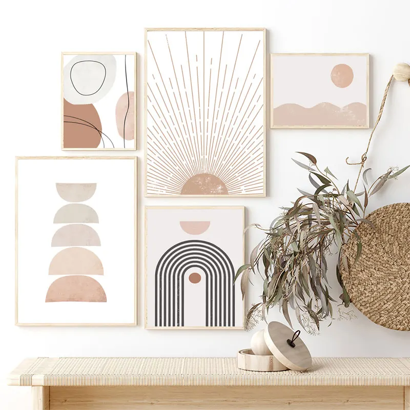 Boho-Abstract-Geometric-Sun-Rising-Rainbow-Beige-Canvas-Painting-Wall ...