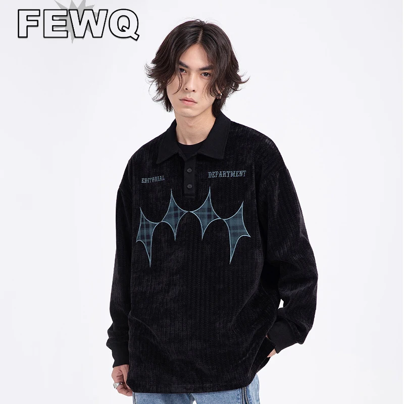 FEWQ Imitation Velvet Men's T shirts Embroidery Street Vintage Turn ...