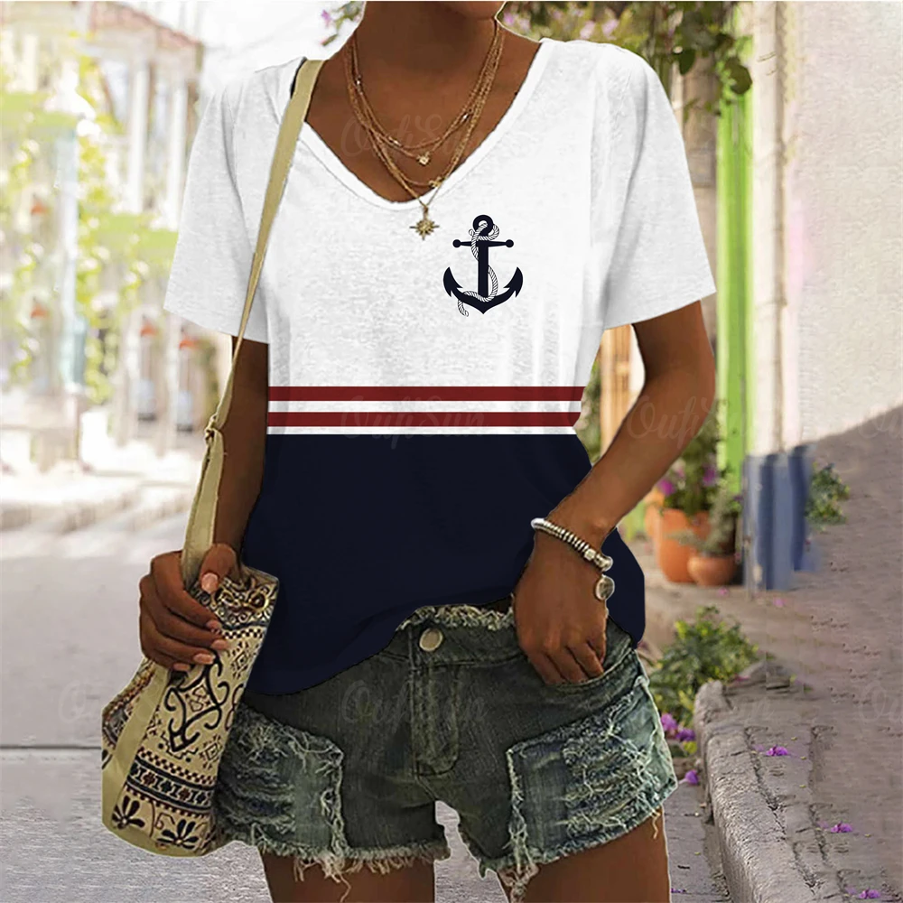 Summer-Oversized-T-Shirts-Anchor-Print-Top-For-Women-s-Clothing-V-Neck ...