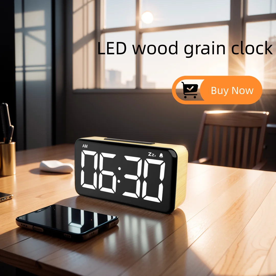 Electronic-Led-Clock-Bright-Smart-Memory-Wood-Grain-Alarm-Clear-Large ...