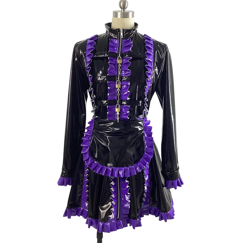 PVC-Long-Sleeve-A-line-Pleated-Lockable-Maid-Dress-Sissy-Ruffles-Front ...