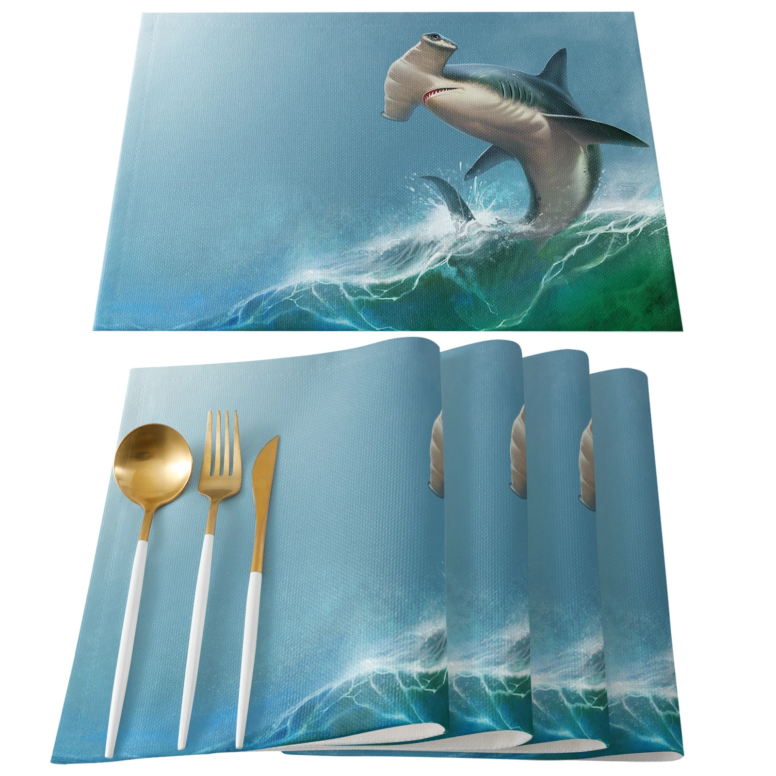 Ocean Wave Spray Shark Placemat Wedding Party Dining Decor Linen Table ...
