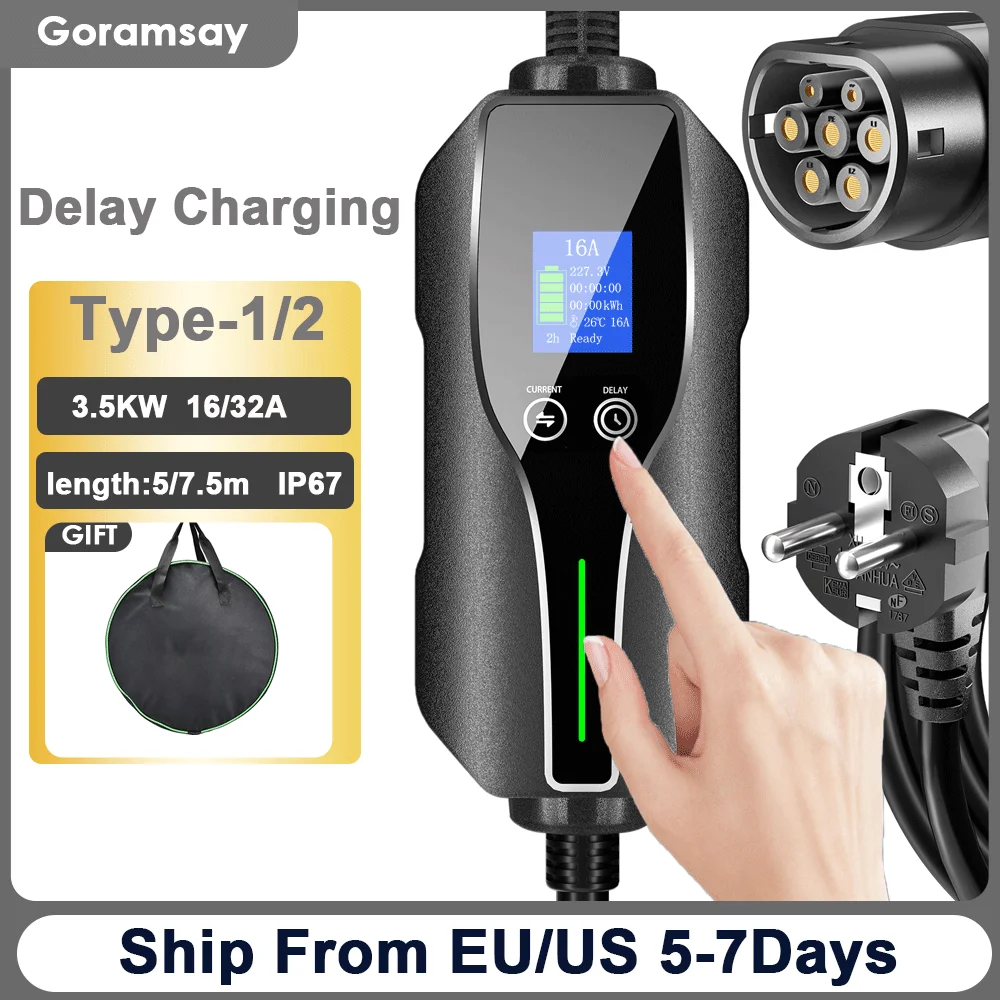 EV Portable Charger EU Type 1/ 2 16/32A Controllable Time Electric ...