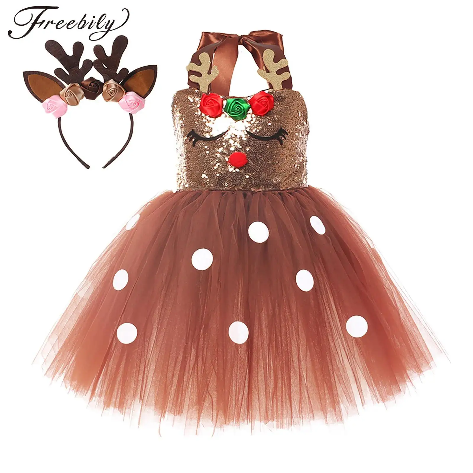 Kids-Girls-Christmas-Santa-Reindeer-Costume-Shiny-Sequins-Elk-Deer-Tutu ...