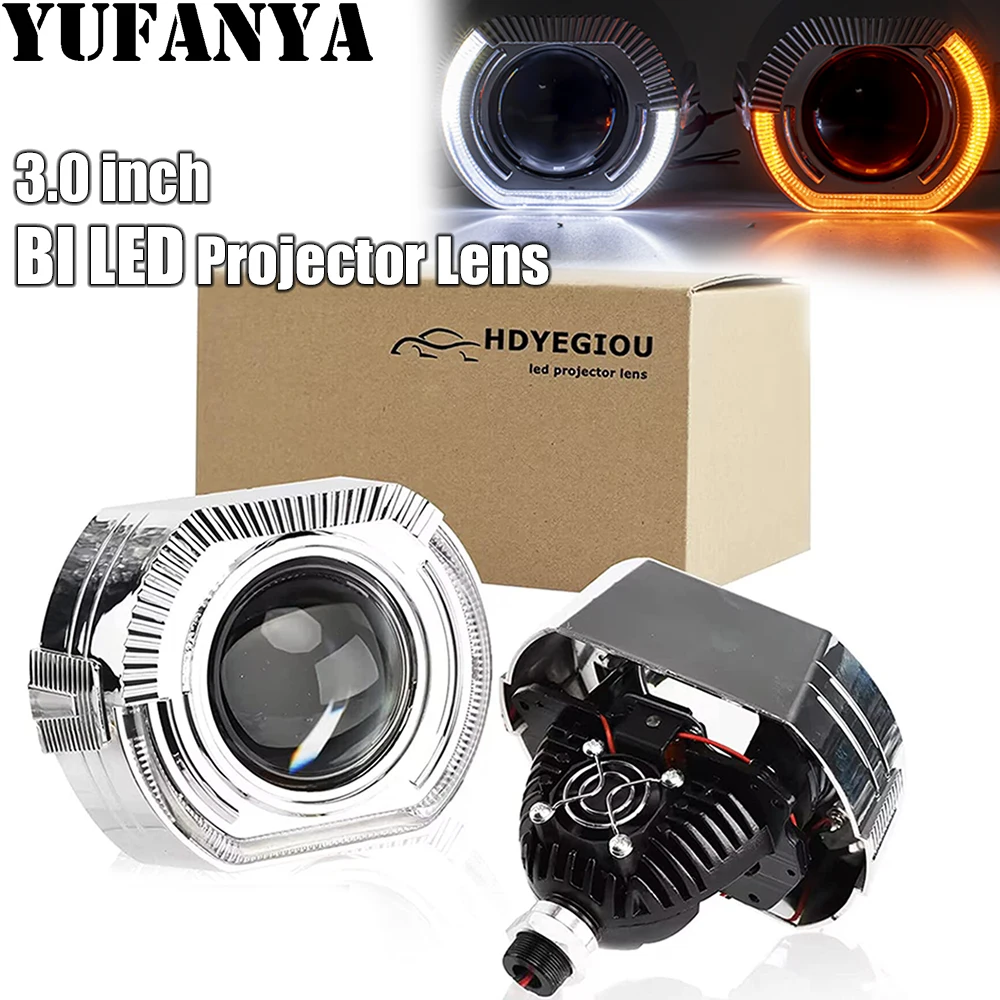 3.0 inch Bi LED Projector Lens with White Yellow LED Angel Eyes Silver Shrouds DRL Turn Signal ...