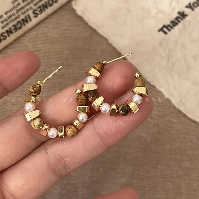 Korean-New-Design-Brown-Wear-Retro-Irregular-Texture-Stone-Beaded-Hoop ...