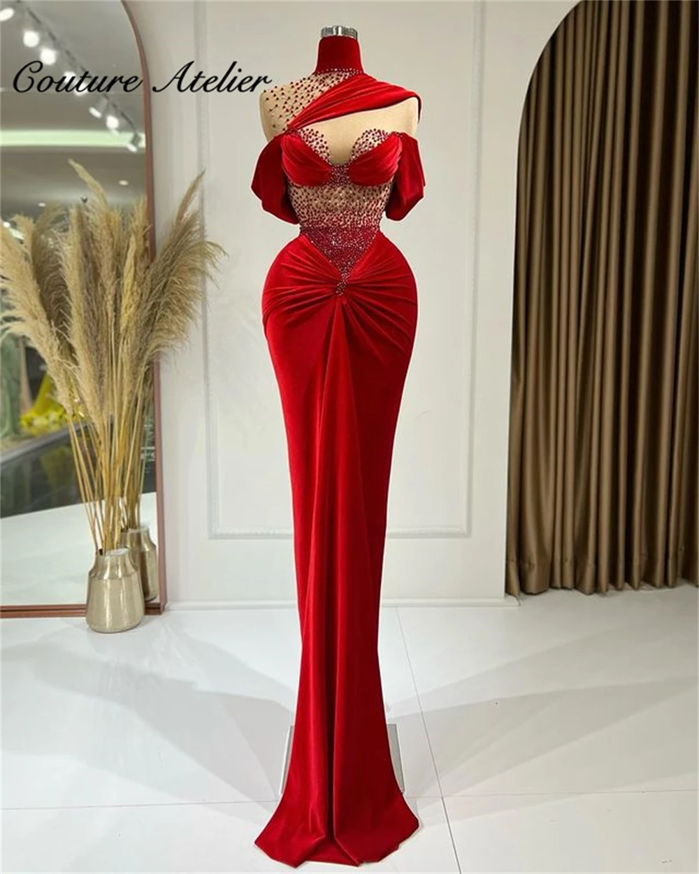 Red-Velvet-Evening-Dresses-Long-Luxury-2023-Beaded-High-Neck-Party-Gown ...