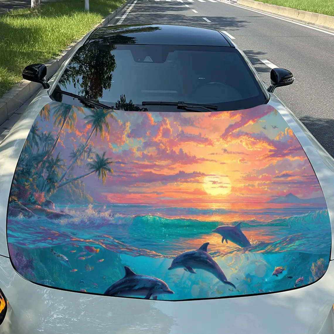 Enchanting Sunset Ocean Dolphin Car Hood Stickers - Self-Adhesive ...