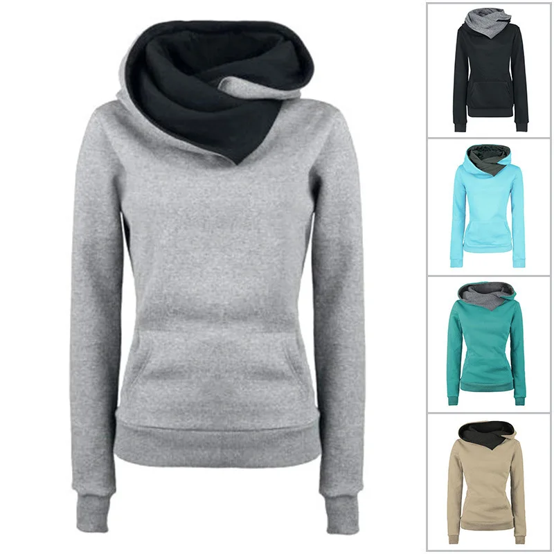 Spring-Autumn-Women-s-Hooded-Sweatshirts-Two-Tone-Cap-Casual-Solid-Long ...