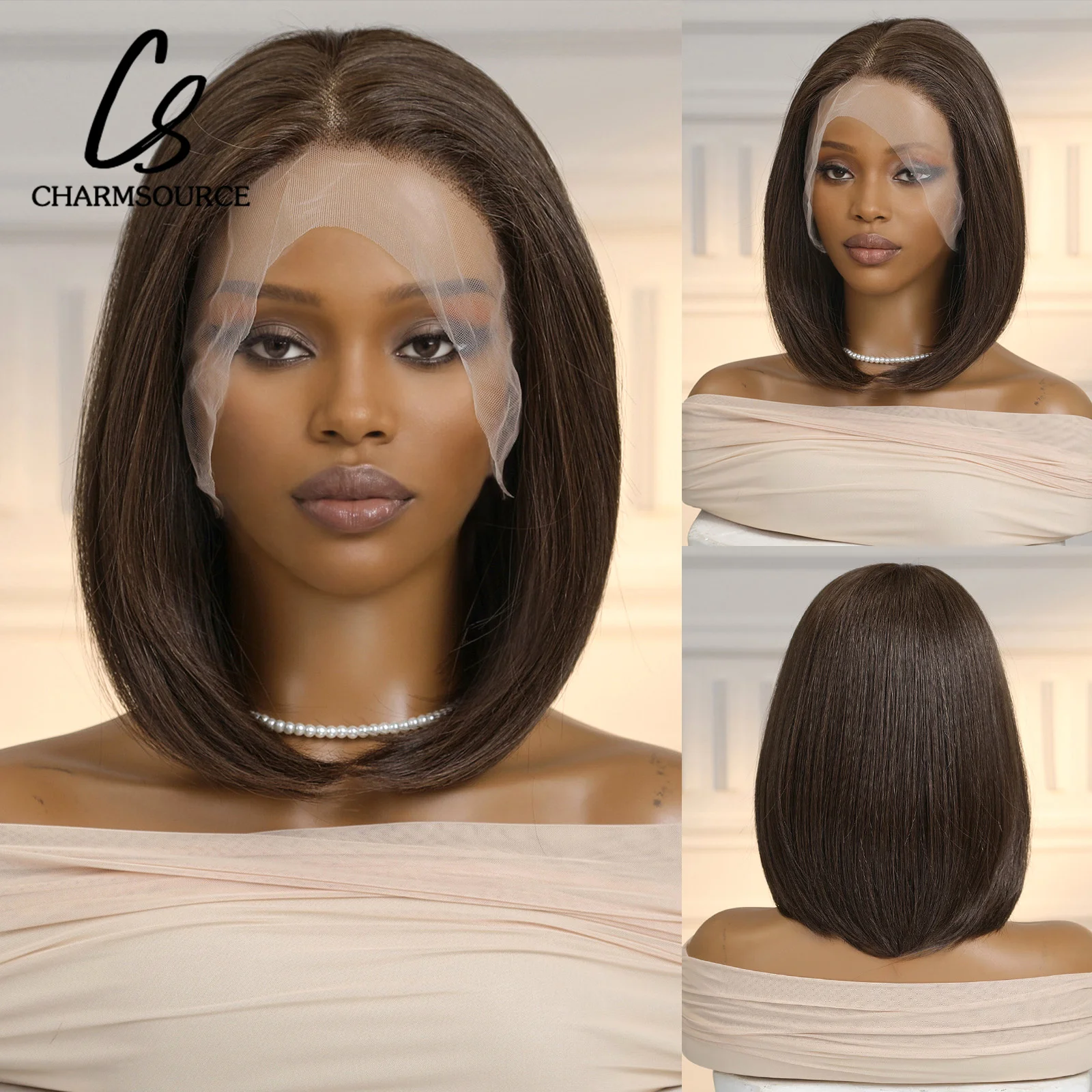 CharmSource-HD-13x6-Lace-Wigs-Synthetic-Medium-Brown-Wig-Short-BOB-Wigs ...