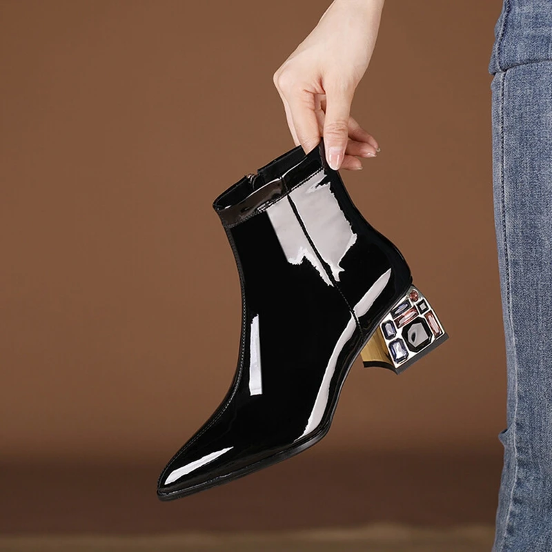 Botas-de-charol-con-punta-estrecha-para-mujer-botines-de-tac-n-grueso ...