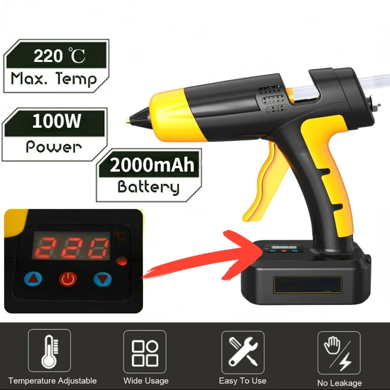 100W 12V Cordless Hot Melt Glue Gun Temperature Display Rechargeable ...