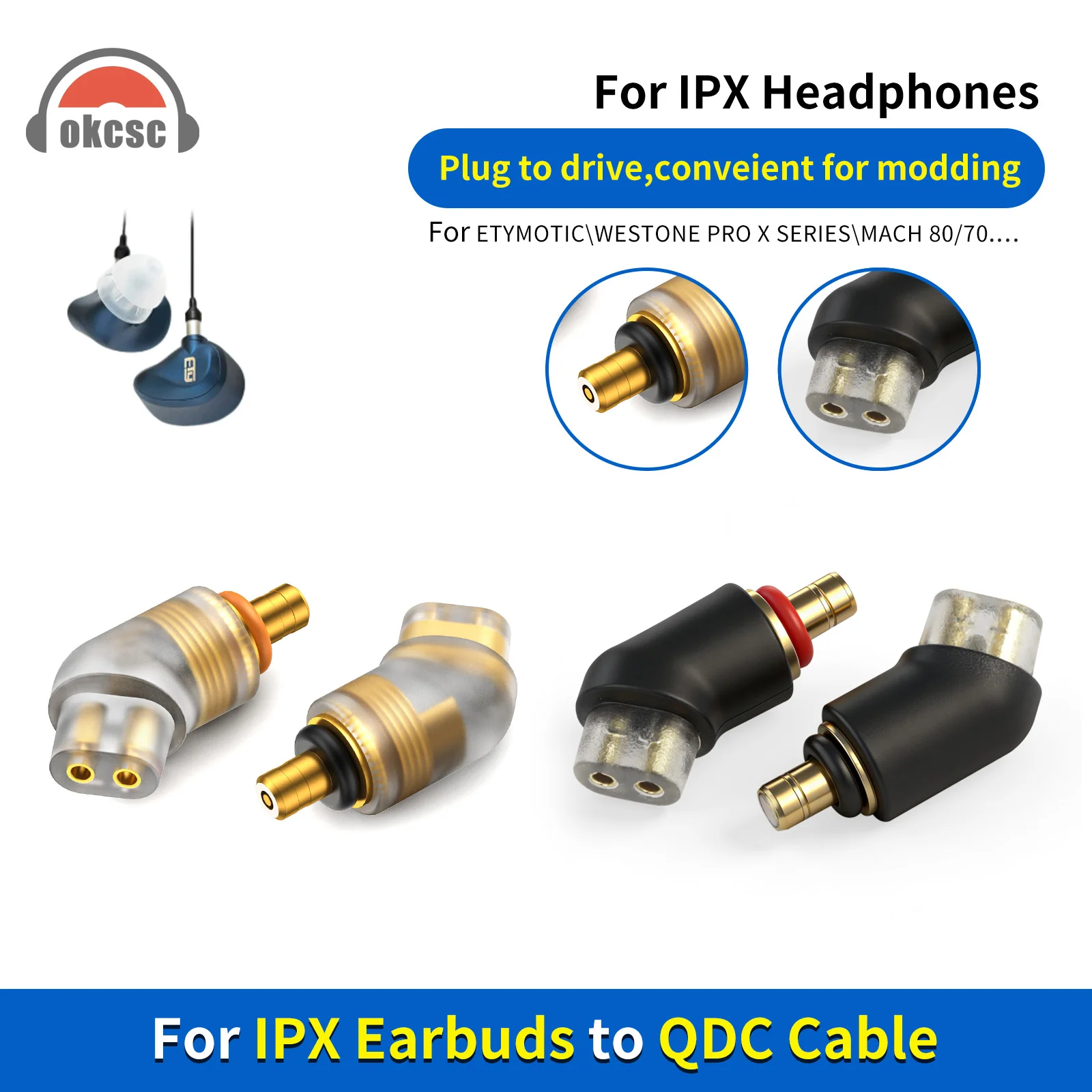 OKCSC QDC 2 Pin Female IPX T2 Male Earphone Adapter to Earphones ...
