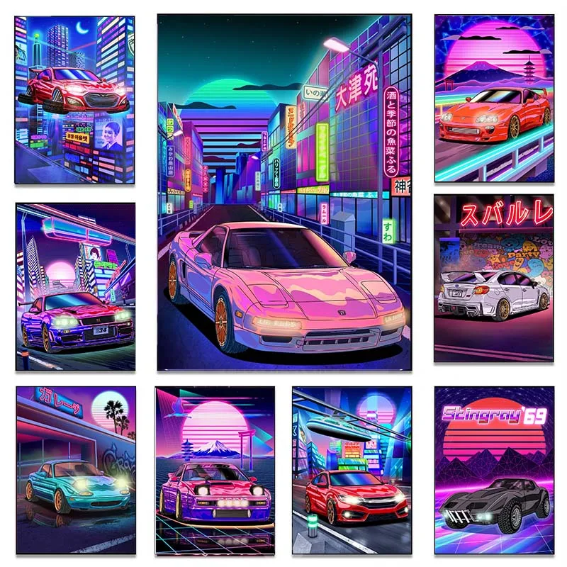 Jdm Tokyo Street Racing GTR Synthwave Neon 80S Car Poster Decoration ...