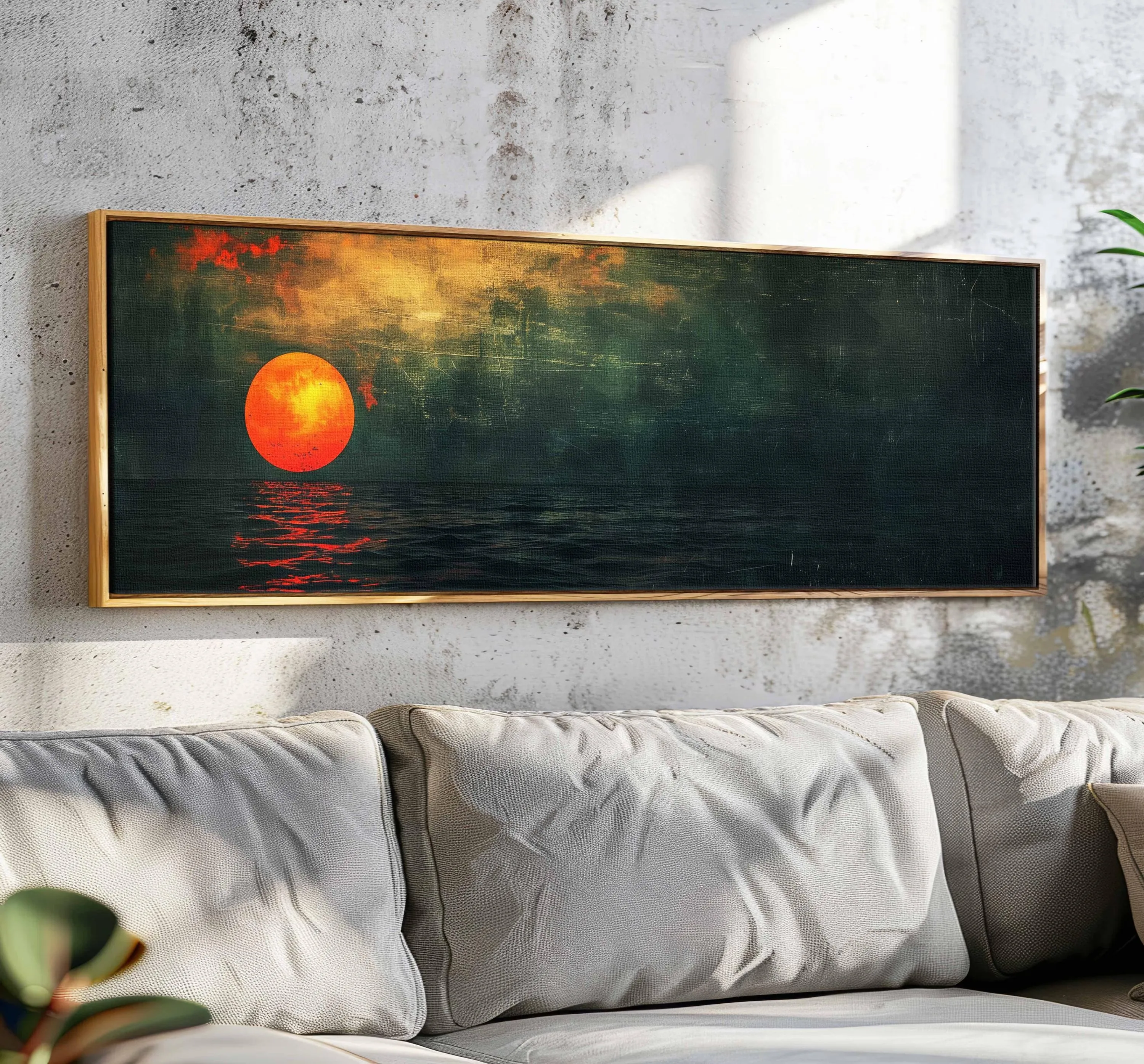 Minimalista longo horizontal mar sol lona cartaz pôr do sol em ...