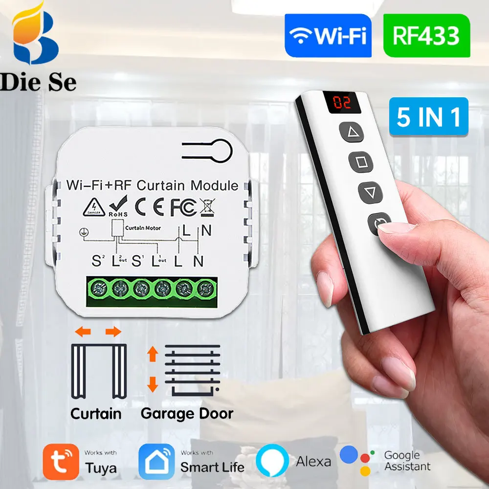 Wifi Rf Gordijn Schakelaar Tuya Smart Life Rolluik Module 433Mhz 5-In-1 Afstandsbediening, Voor ...