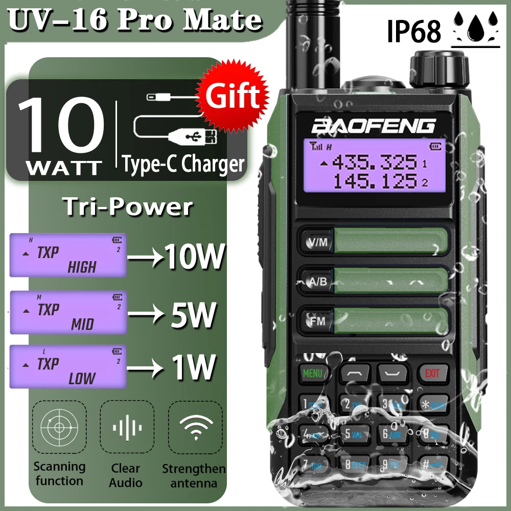 Baofeng Uv16 Pro V2 10w Powerful Type-c Charger Walkie Talkie Dual Band ...
