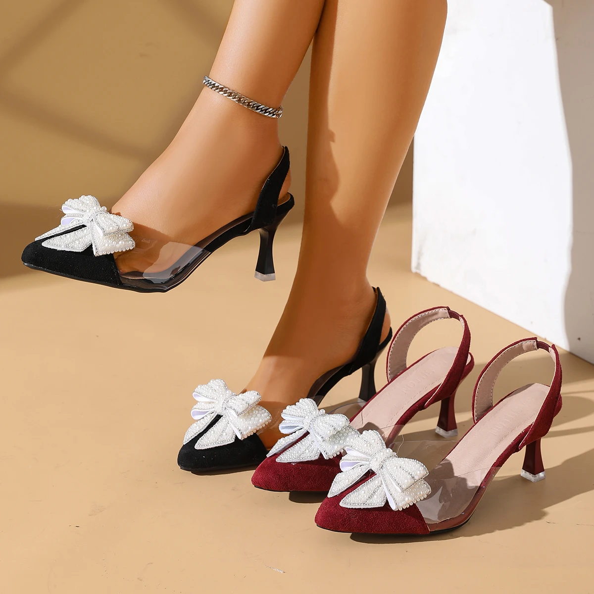 Women Sandals Fashion Designer Pearl Bowknot Women Pumps Sexy Pointed ...