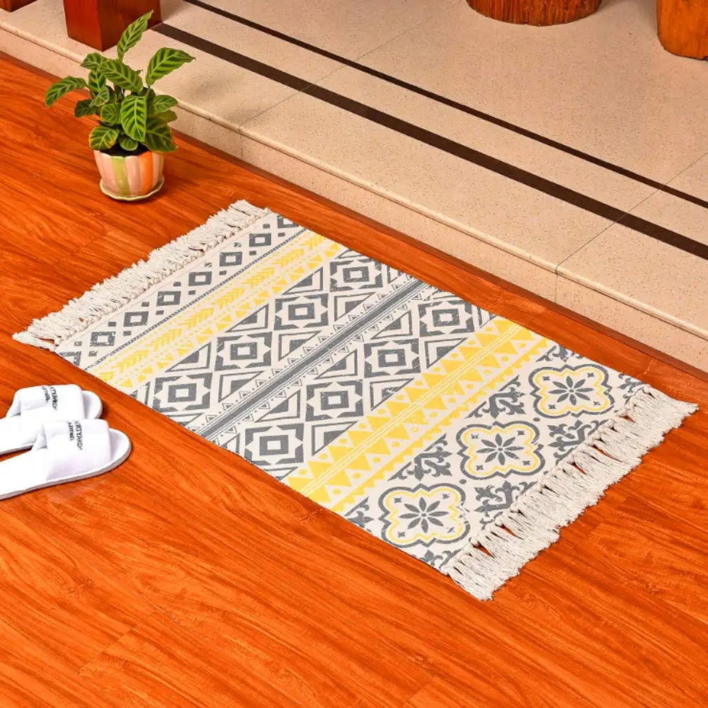 Tassel-Tufted-Geometric-Black-White-Cotton-Hand-Woven-Floor-Rug-Plaid ...