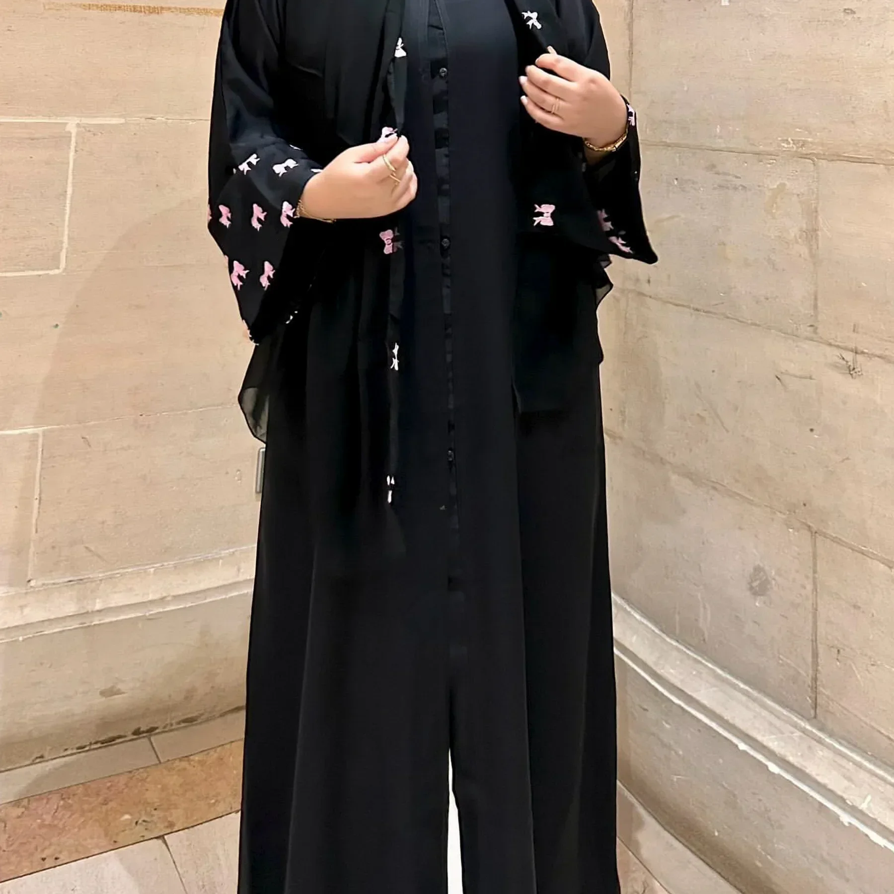 Abaya-with-Hijab-Bows-Embroidery-Kimono-Black-Open-Abayas-for-Women ...