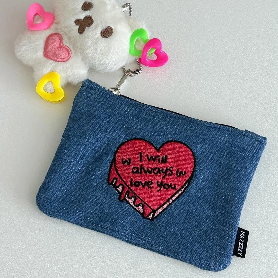Korean Mazzzzy Mini Embroidered Denim Coin Purse Cute Heart Shaped ...
