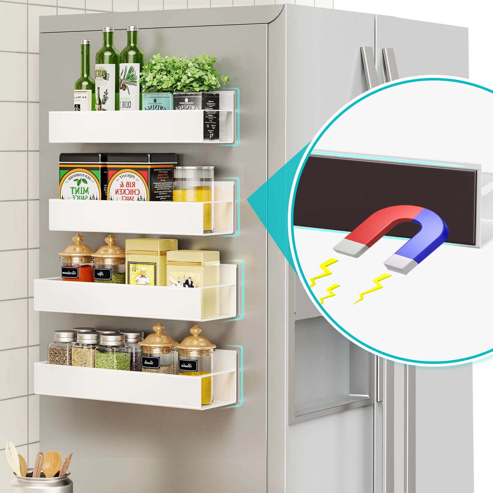 2-4-Layers-Kitchen-Strong-Magnetic-Storage-Rack-Refrigerator-Side-White ...