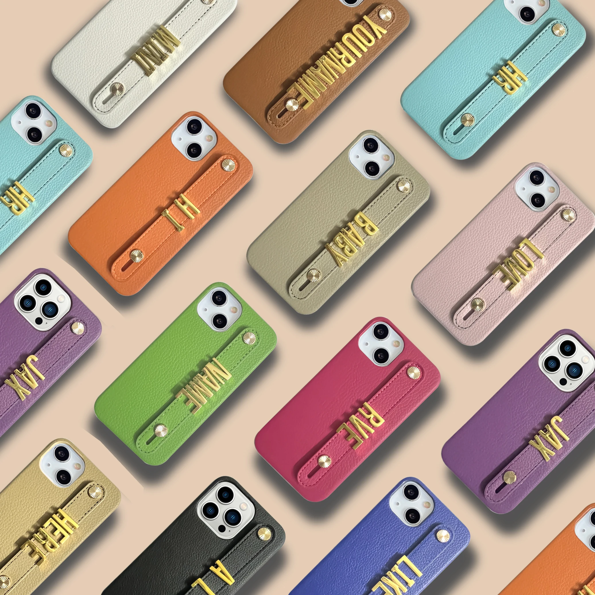 Holding Strap Personalised Custom Name Gold Metal Letters Leather Phone ...