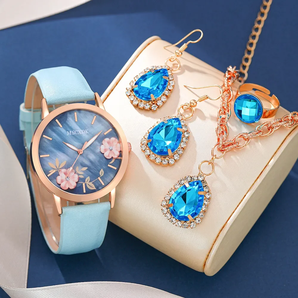 5PCS-Set-Women-Fashion-Watch-Casual-Bracelet-Watches-Ladies-Flowers ...