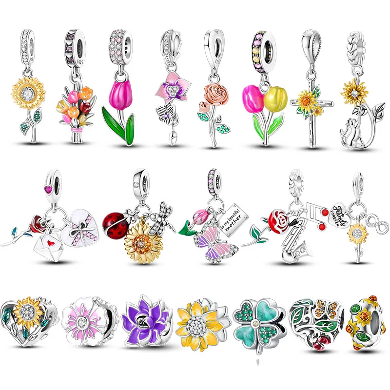 New-Yellow-Sunflowers-Heart-Rose-Flower-Charms-925-Sterling-Silver-Fits ...
