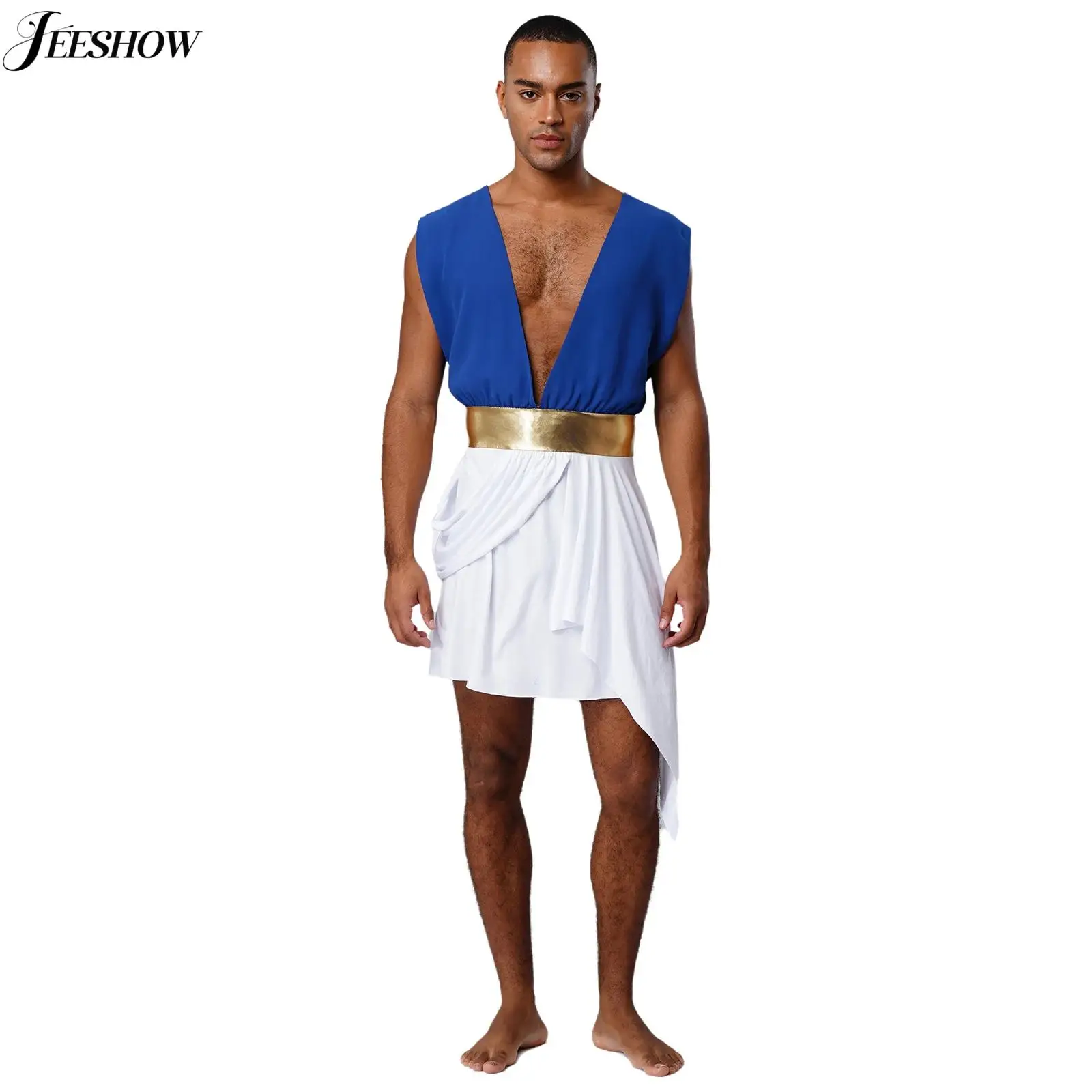 Mens Ancient Greek Toga Costume Color Block Deep V Neck Sleeveless ...