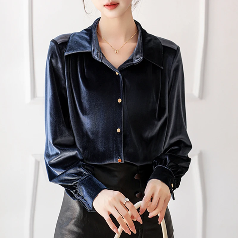 Autumn Winter Women Blue Velvet Blouse Long Sleeved Bottom Shirt Single ...
