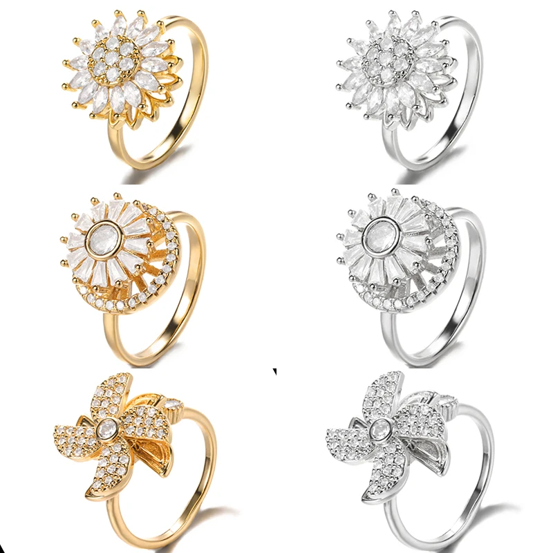 Snowflake Rotating Zircon Rings Daisies Adjustable Finger Rings ...