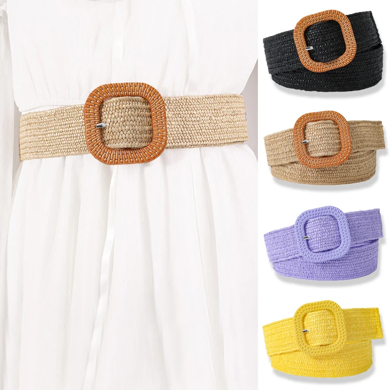 Fashion Bohemia Square Buckle Elastic Braided Belts For Women Solid ...