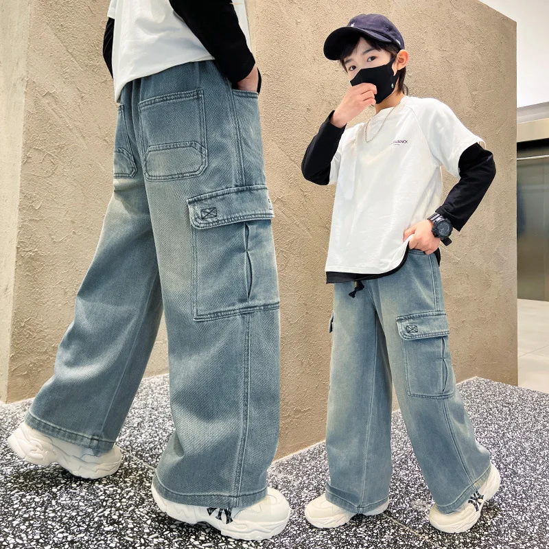 New-Boys-Straight-Leg-Cargo-Jeans-Teenage-Children-Wide-Leg-Denim-Pants ...