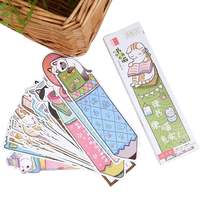 30pcs Kawaii Cartoon Reading Cats Paper Bookmark Page Holder Message ...