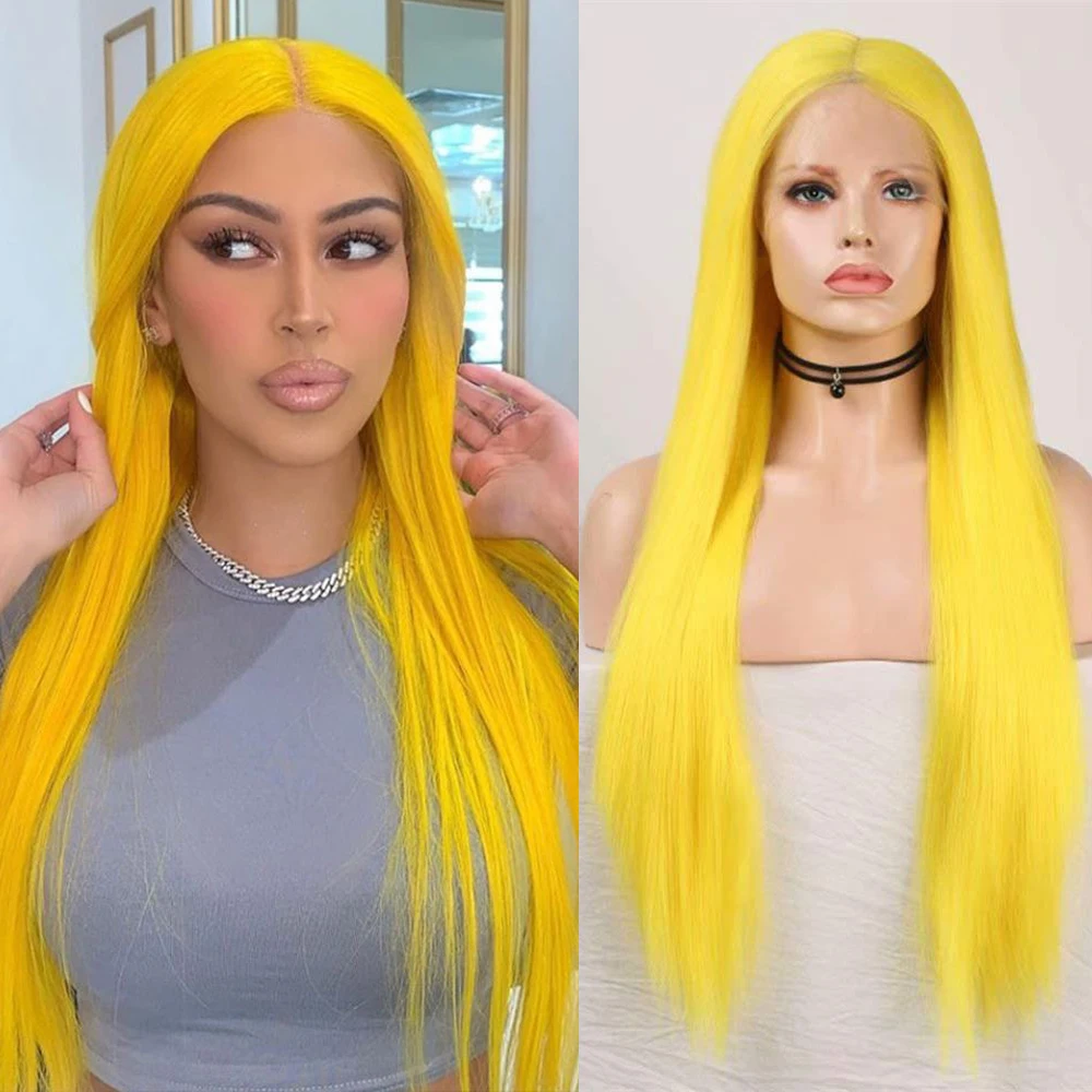 Yellow Straight Wig Synthetic Front Lace Wigs For Women Long Silky ...