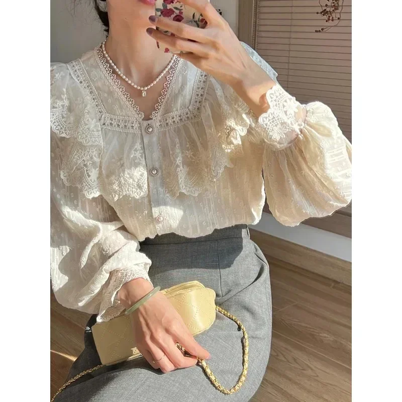 Vintage French Women Shirts Lace Lolita Elegant Long Sleeve Flounce ...