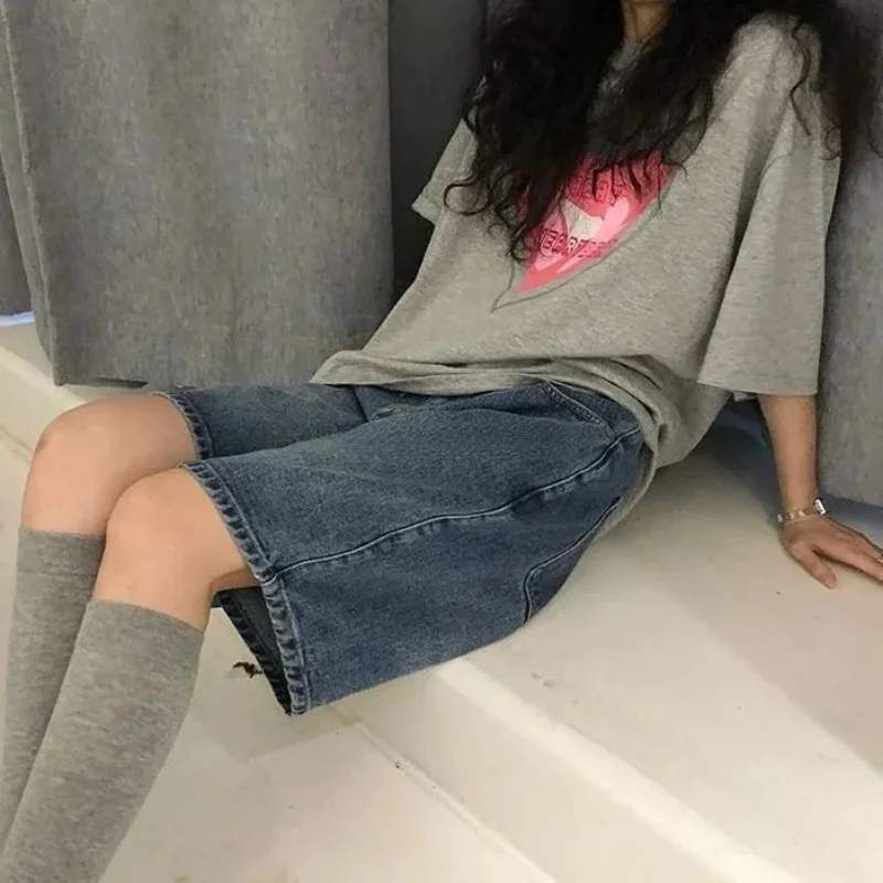 여성 와이드 레그 데님 반바지 단색 무릎 길이 반바지 하이웨이스트 블루 루즈한 슬림 캐주얼 스트레이트 5 포인트 팬츠