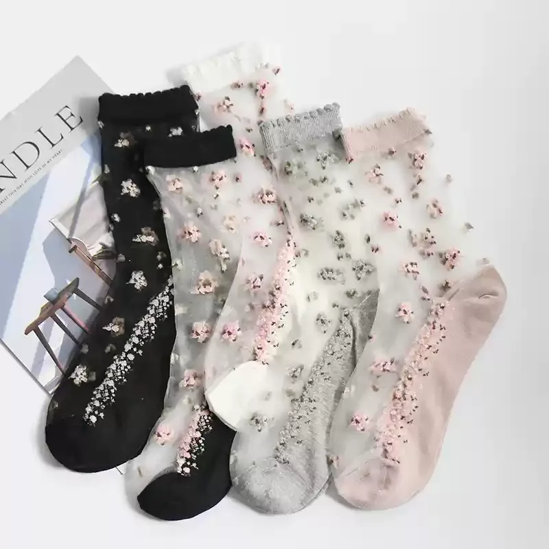 Polka-Dot-Crystal-Silk-Socks-Women-Summer-Ultra-thin-Transparent-Flower ...