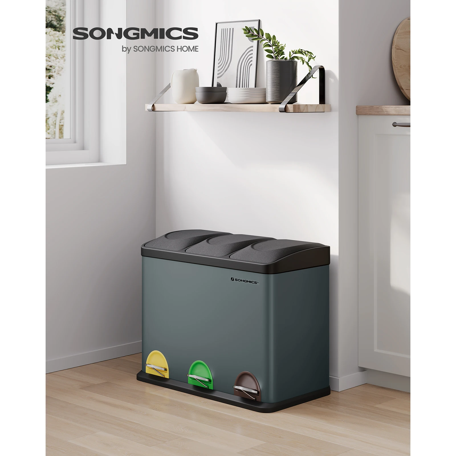 SONGMICS 45L Triple Kitchen Recycling Bin. Pedal Metal Trash Bin. Waste ...