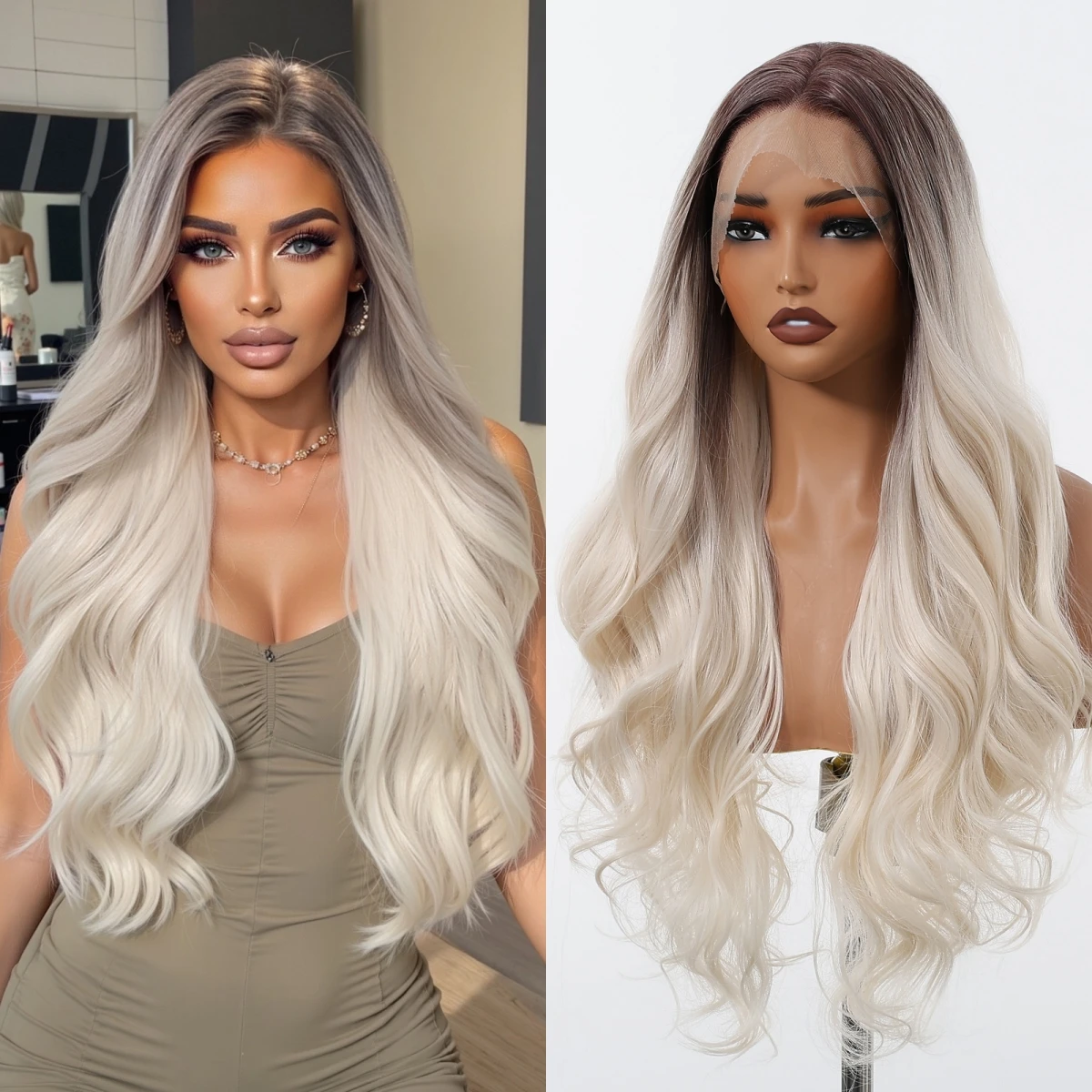 HAIRCUBE 13*4 Lace Frontal Natural Synthetic Wigs Ombre Brown Blonde ...