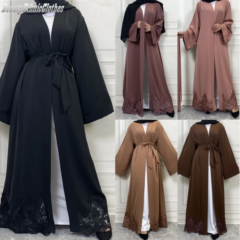 Dubai Kimono Sleeve Cardigan Women Open Front Robe Muslim Islamic Lace Abaya Kaftan With Belted ...