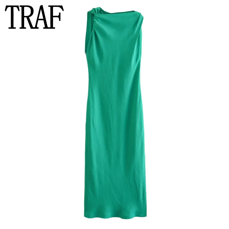 TRAF-vestido-largo-verde-sin-mangas-para-mujer-traje-elegante-fruncido ...