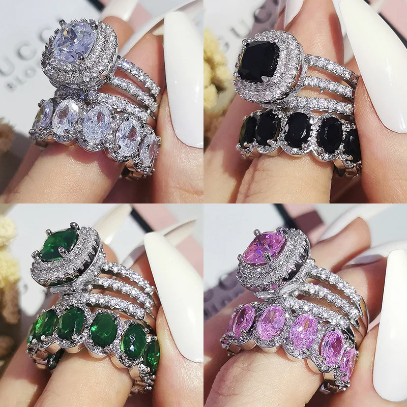 Luxury Green Black Pink Silver Color Cushion Wedding Engagement Rings ...