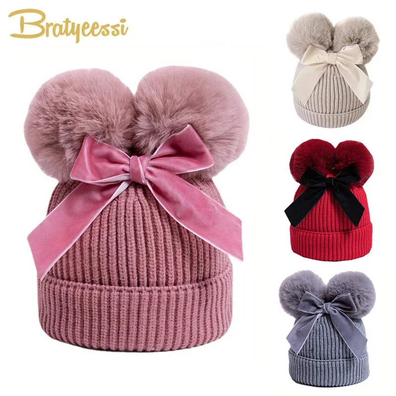 Pompom-Baby-Winter-Hat-for-Girls-Beanie-Warm-Bow-Kids-Cap-Fur-Ball-Baby ...